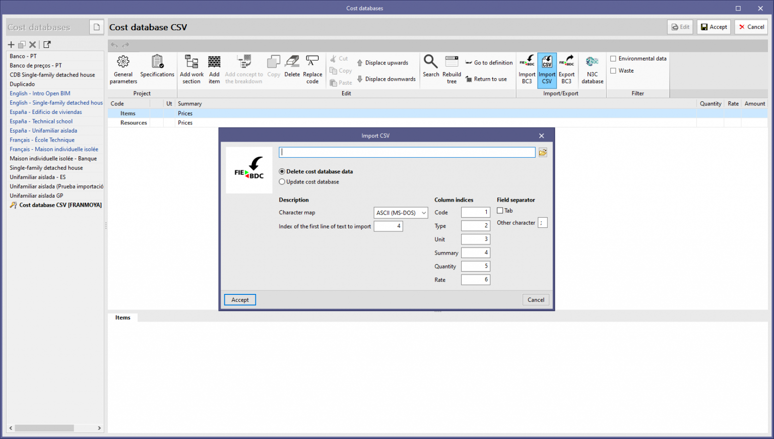 Importing cost databases in CSV format - CYPE