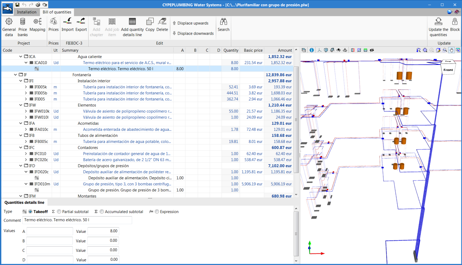 "Bill of quantities" tab in project phase Open BIM applications - CYPE