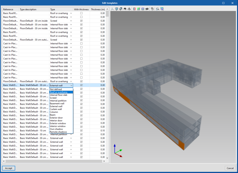 Assign shading elements to the components of the physical model - CYPE