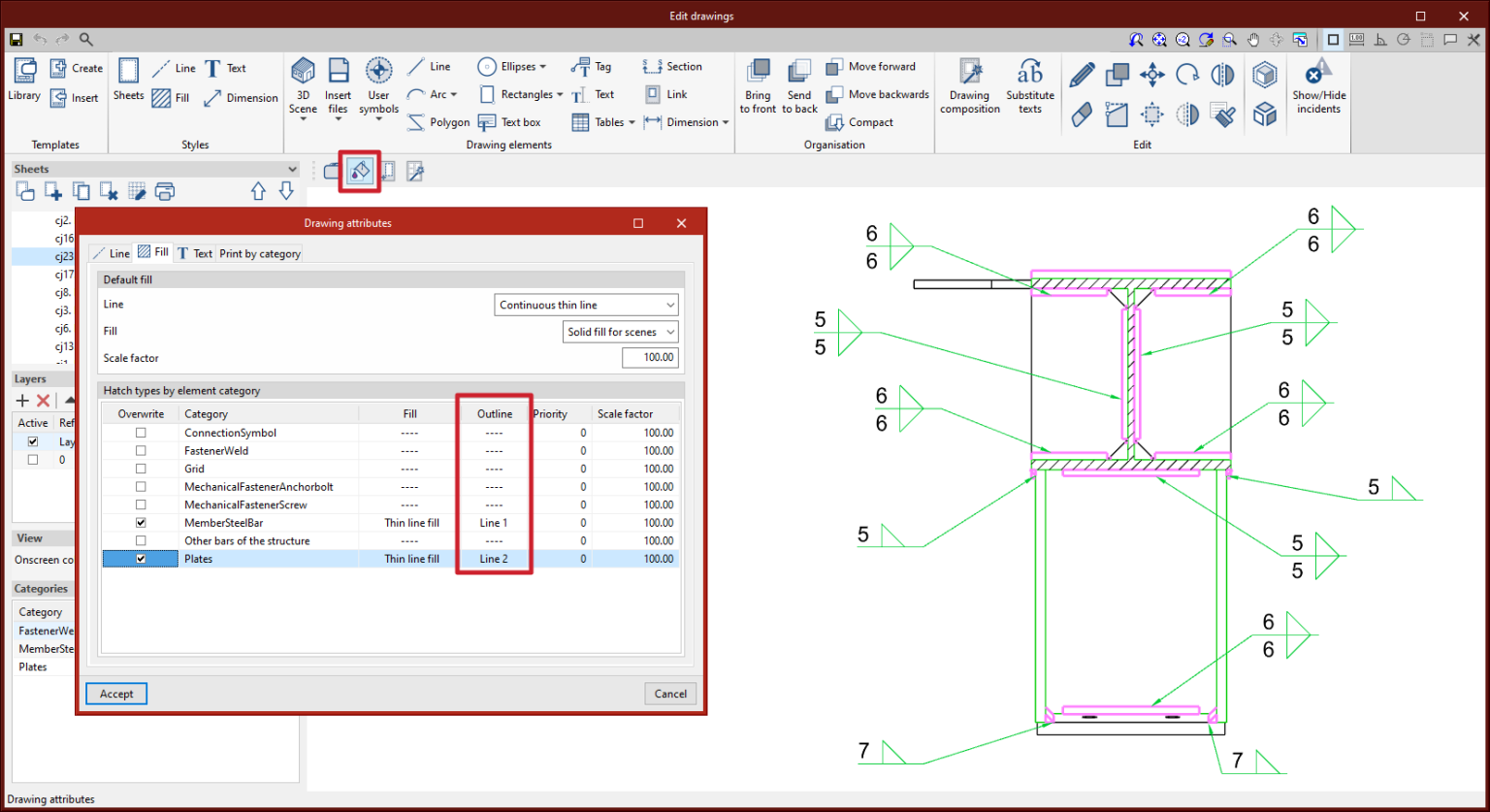 Editing the line style for the outline of section fills in scene views - CYPE