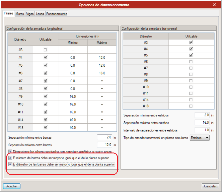 Opciones de dimensionamiento de pilares - CYPE
