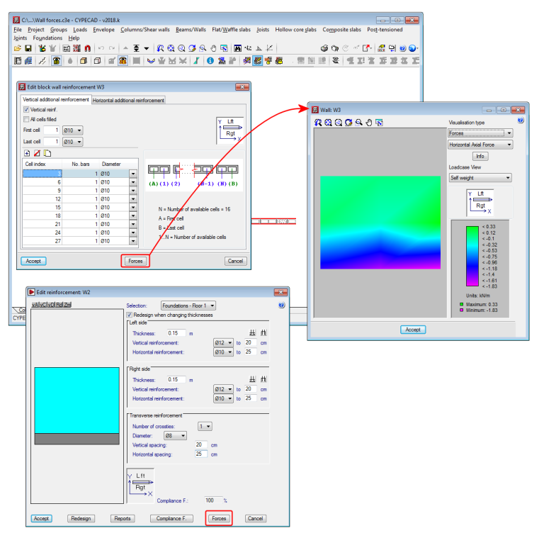 Access to “Wall forces” from the reinforcement editing window - CYPE