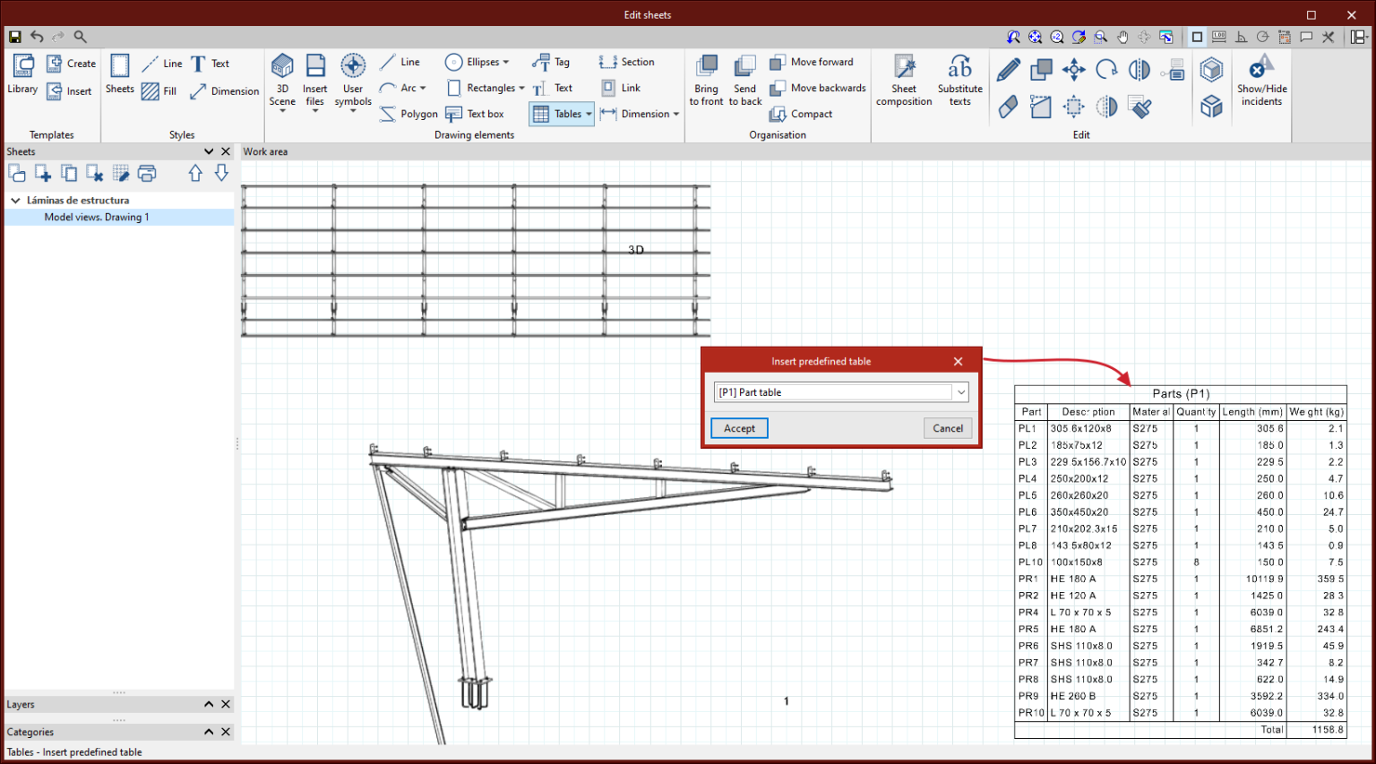 Predefined part table, by tag - CYPE