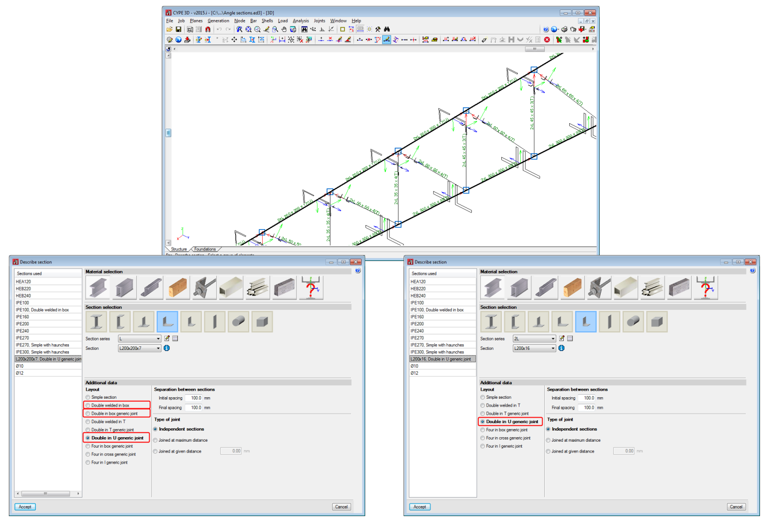 Rolled steel angles in a box and U sections - CYPE
