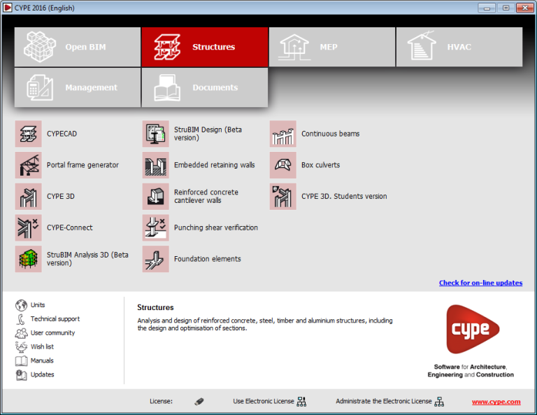 Program menu. New arrangement - CYPE