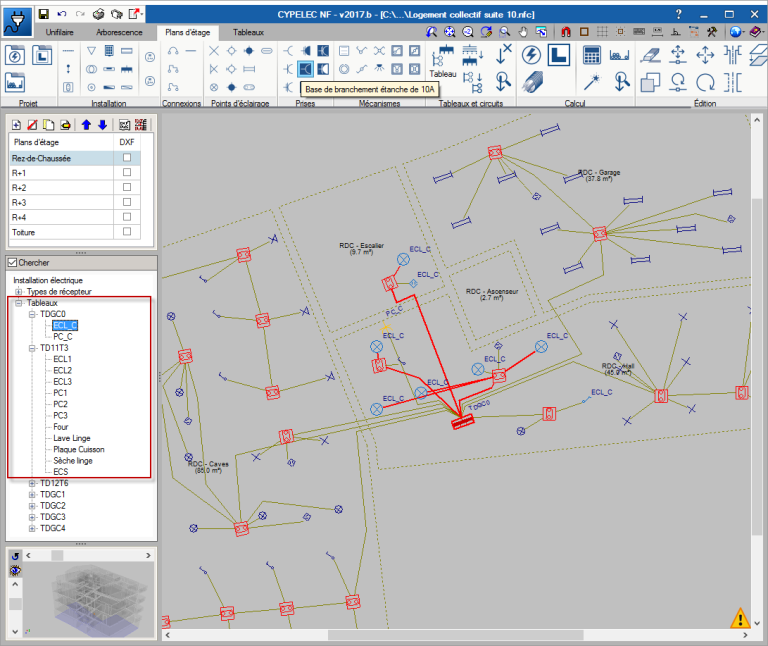 Visualisation des tableaux et du cheminement des circuits dans les plans d’étage - CYPE