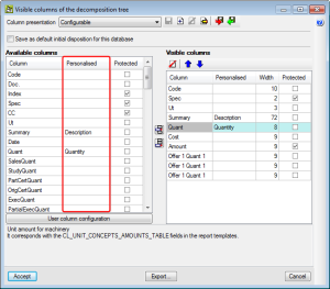 Customised column names in the Decomposition tree window - CYPE