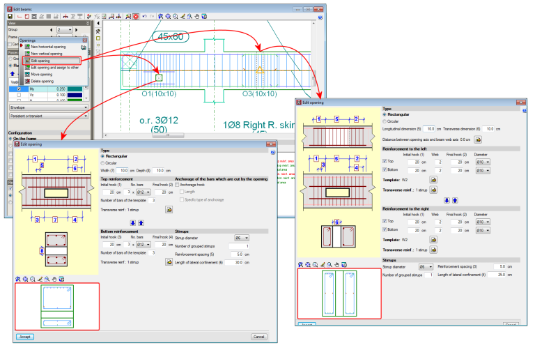 Representation of the reinforcement when editing openings - CYPE