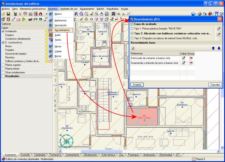 Definición de revestimientos de paramentos verticales en recintos - CYPE