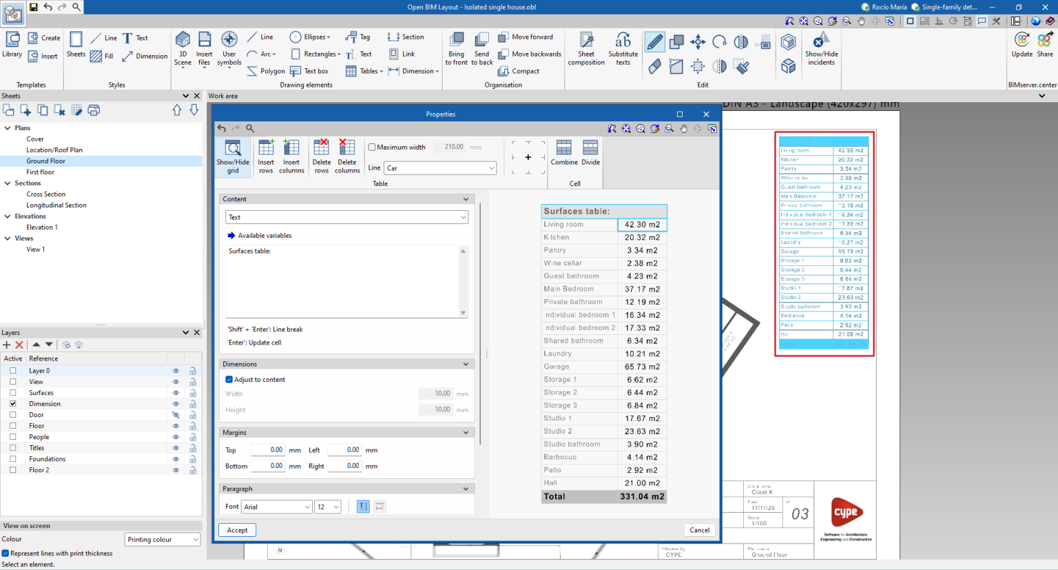 Open BIM Layout - Entering tables - CYPE