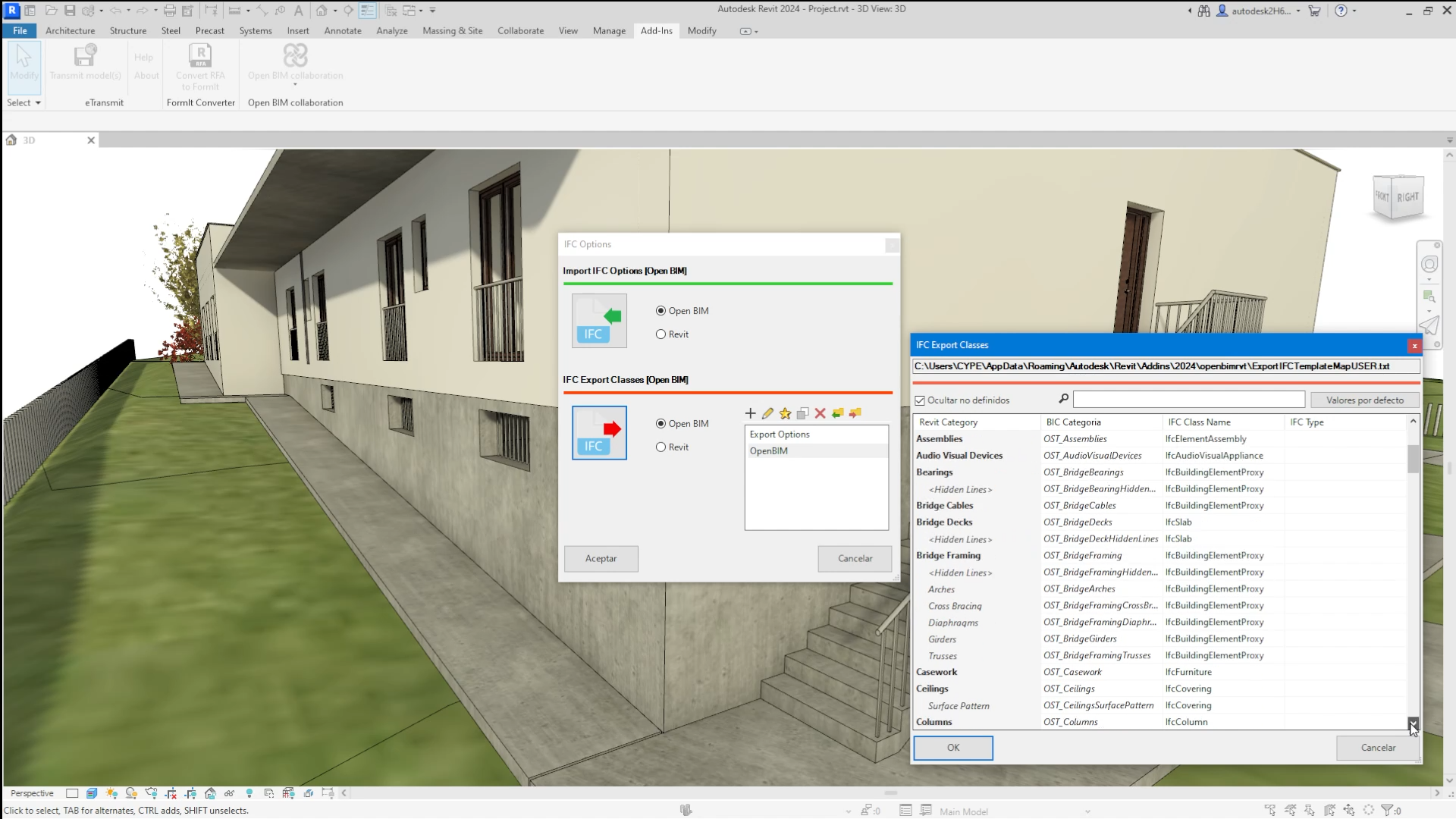 Plugin Open BIM - Revit - Opções IFC - CYPE