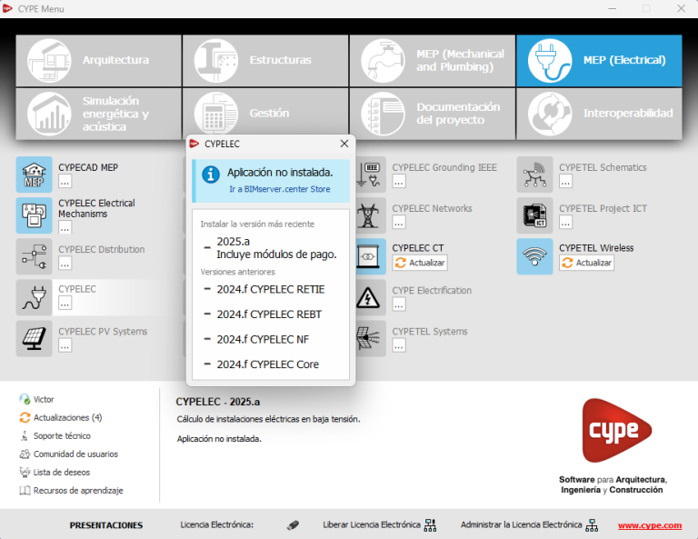 Cambios en las aplicaciones disponibles desde el menú - CYPE