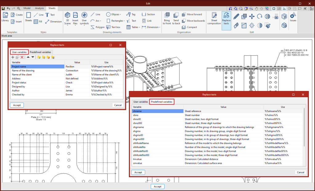 Editing connection sheets