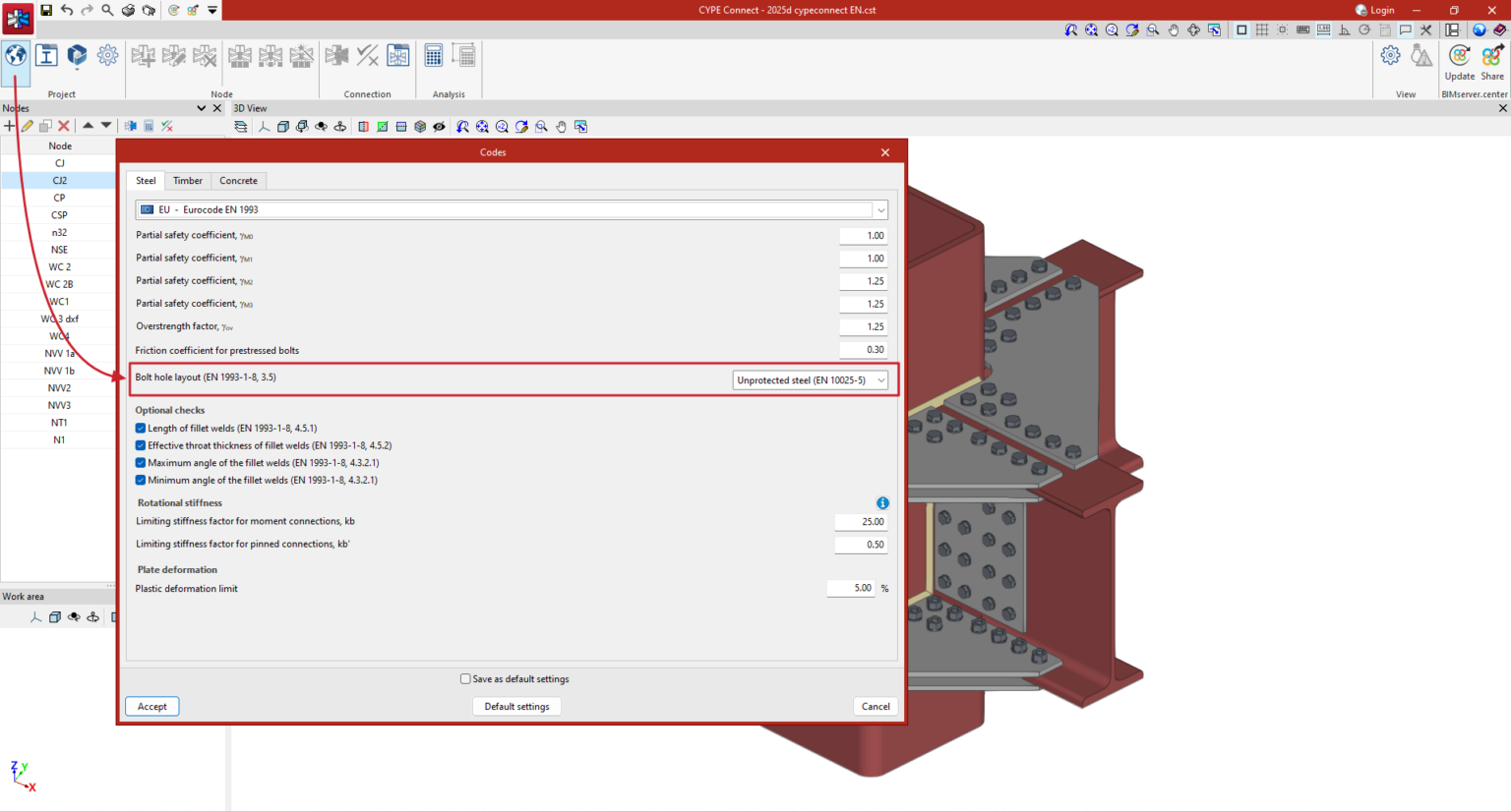 Selecting the type of steel for bolt layout checks - CYPE